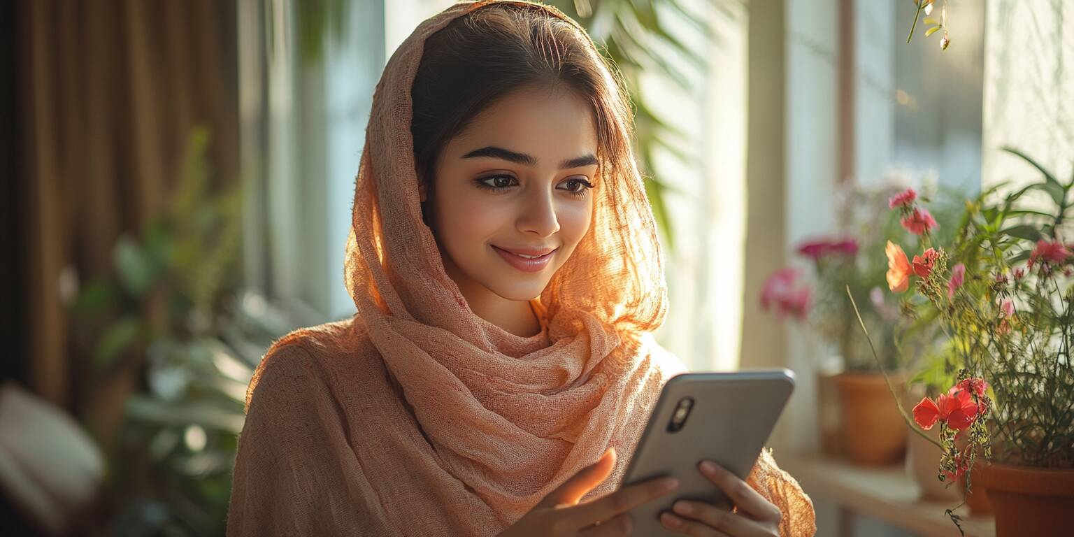 Young Bangladeshi woman logging in with fingerprint on QQEE app